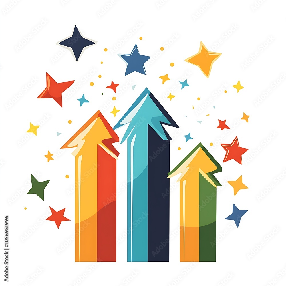 Cartoon chart with arrows pointing upwards and stars around on a white ...
