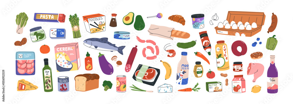 Food products set. Supermarket groceries, goods. Meat steak, fish, milk ...