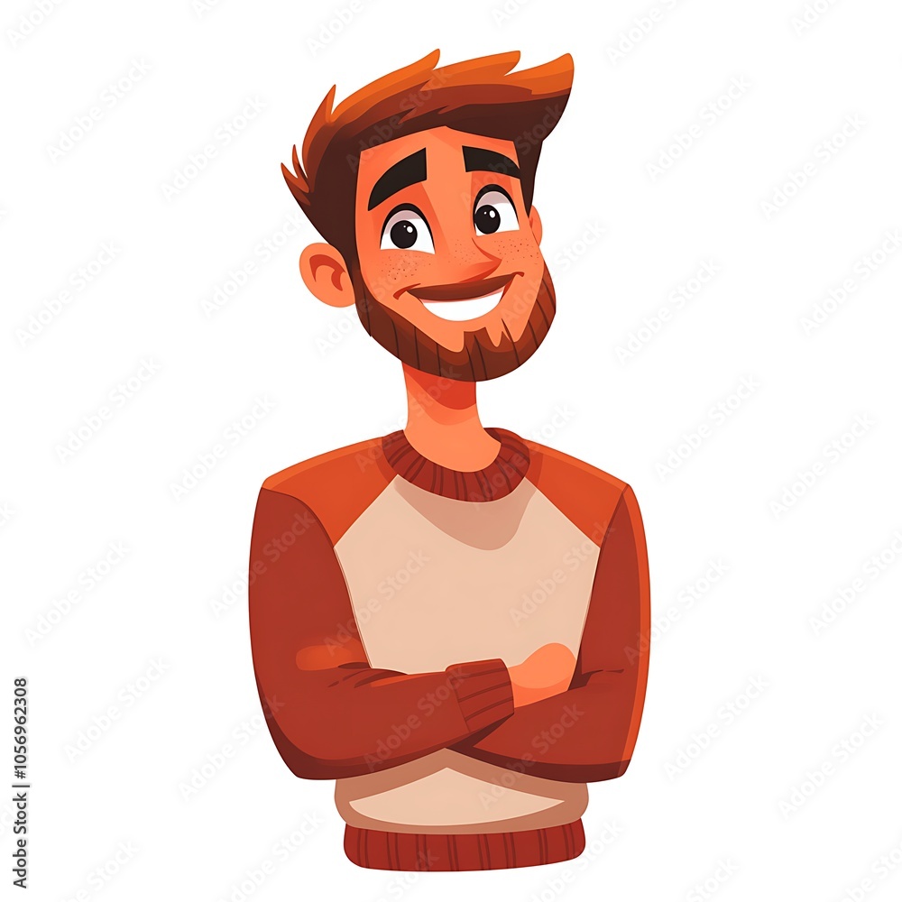 Cartoon guy with a shy grin in a varsity sweater on a white background ...