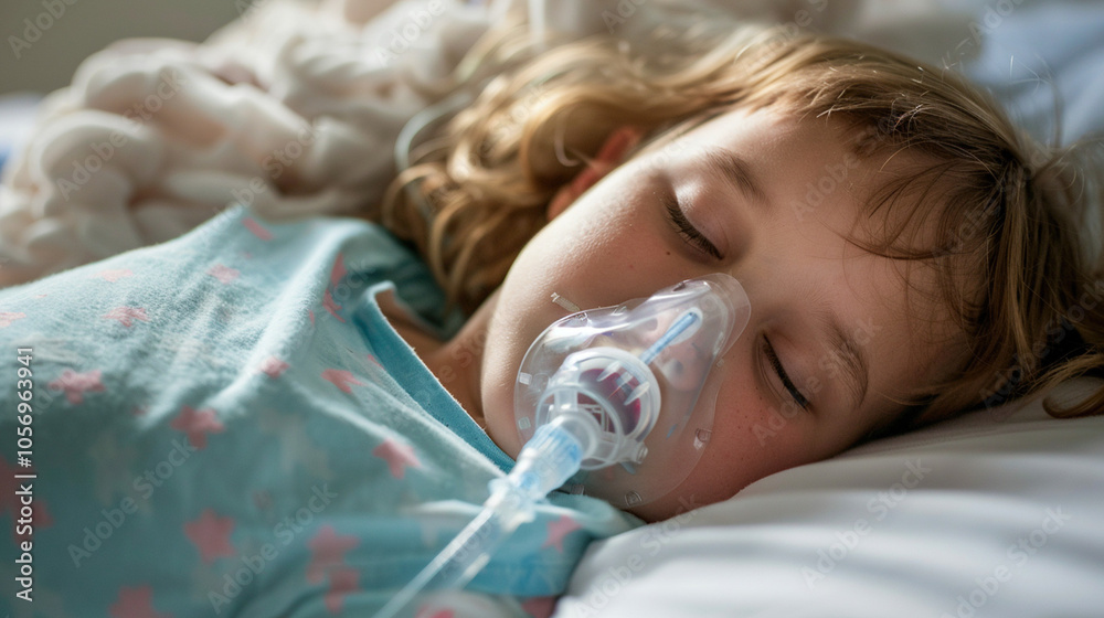 Girl 5-6 years wearing oxygen mask sleeping in bed, recovering after ...