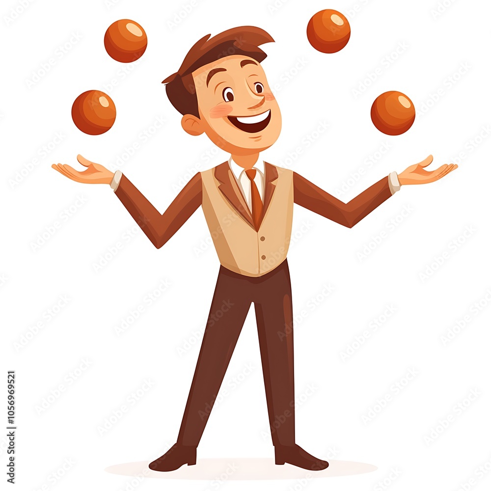 Cartoon juggler with three balls in the air on a white background ...