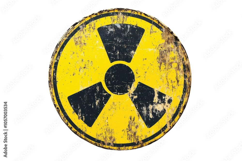 Rusty nuclear radiation warning sign with yellow background and black ...