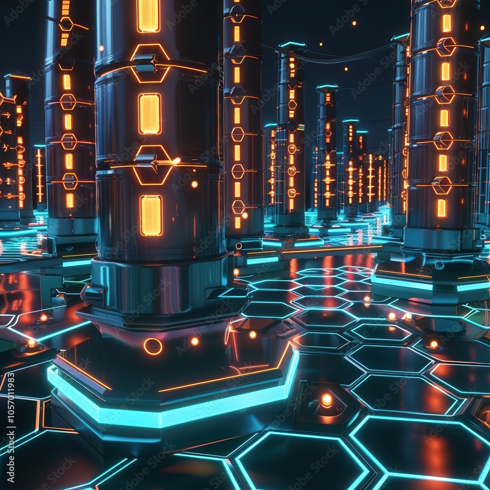 Graphic of 3D model of a futuristic power grid, with neonlit structures ...
