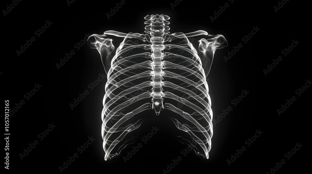 X-ray image of a human rib cage showing bone structure and alignment ...