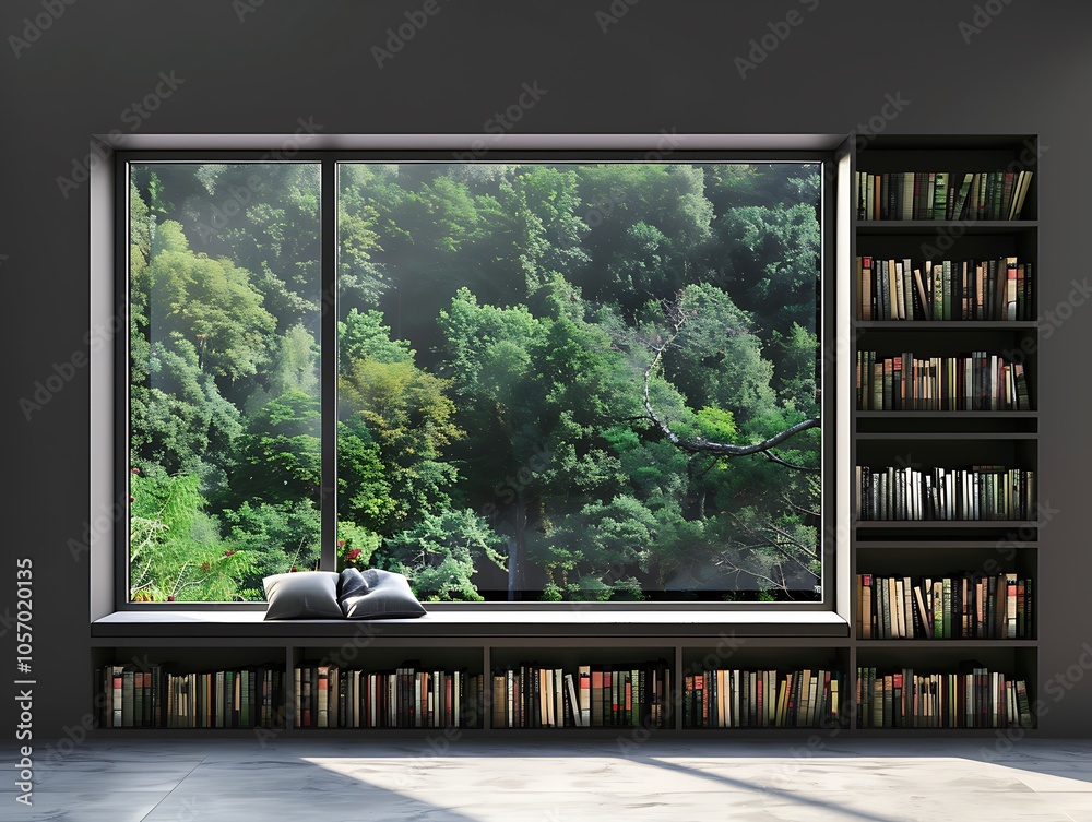 Reading window seat, modern window with bookshelves, forest view, grey ...