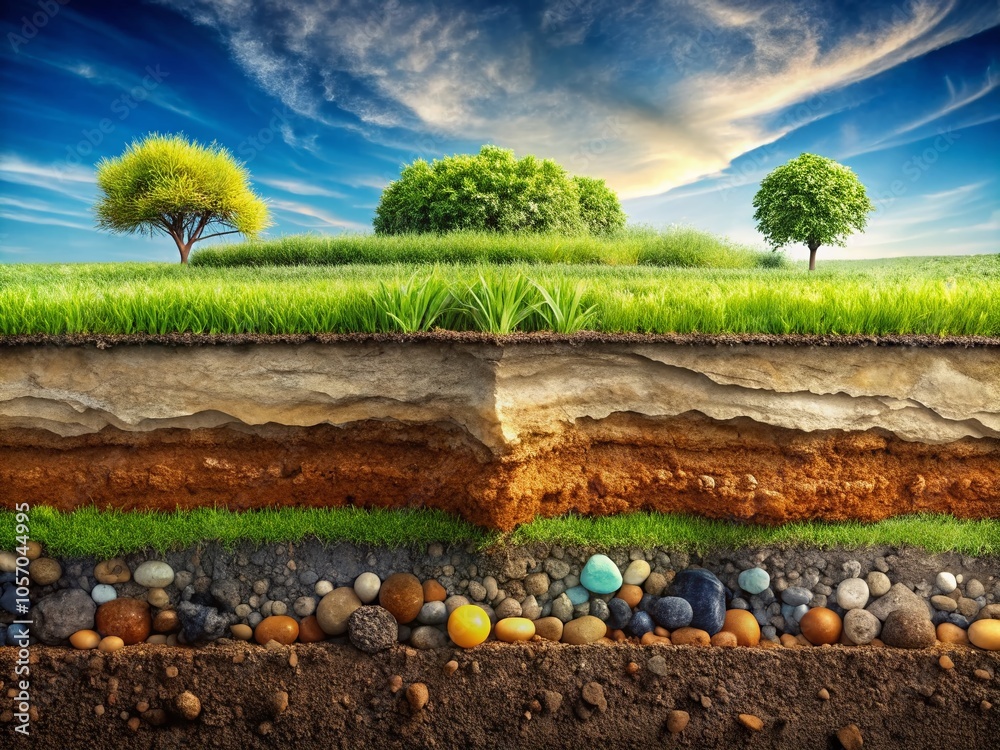 Detailed Soil Layers Diagram with Grass, Earth Texture, Stones, Plant ...