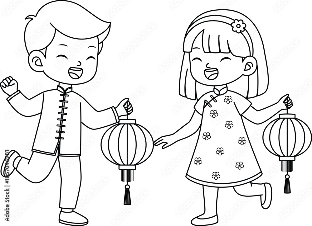 Kids holding lantern outline coloring page. China lunar new year ...