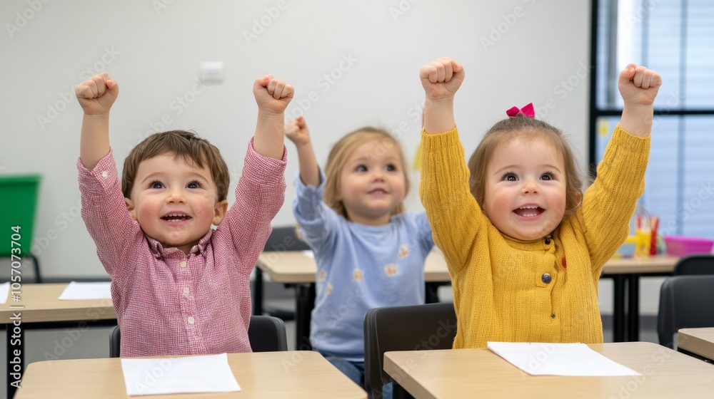 Three children raise their hands excitedly in a classroom filled with ...