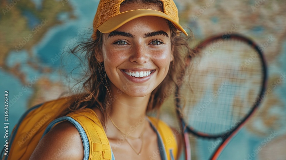 proud female tennis player with racket in hand on the map, capturing ...