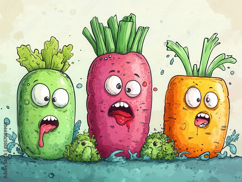 Spoiled vegetables with harmful bacteria in flat design, side view ...