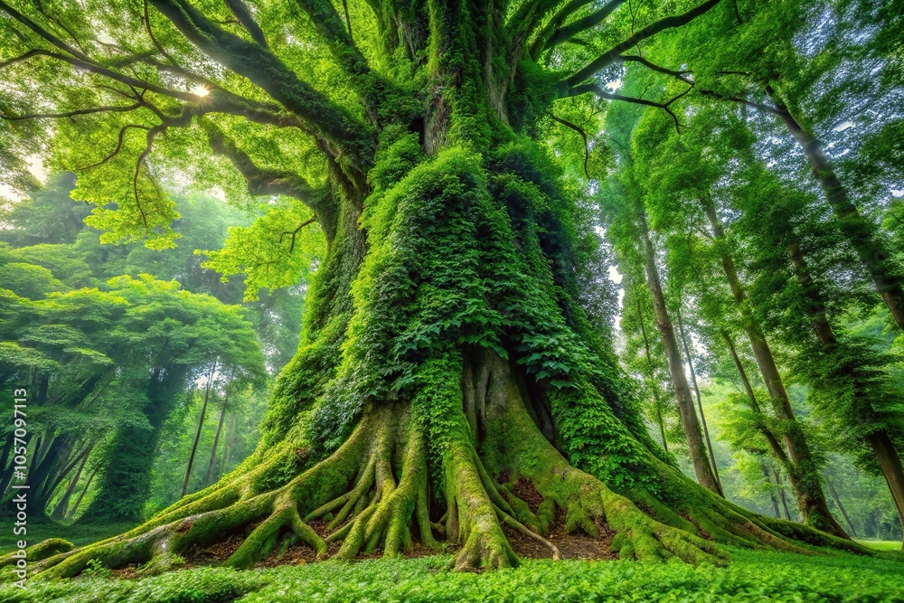 dense green foliage covering the trunk of a massive ancient tree, ferns ...