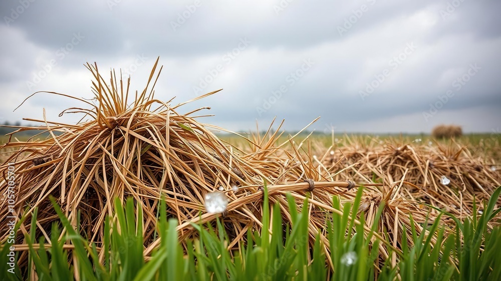 Large hail stones covering freshly cut green grass and straw during a ...