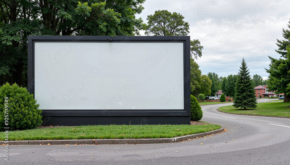 street banner mockup PSD. Empty billboard on a winding road surrounded ...