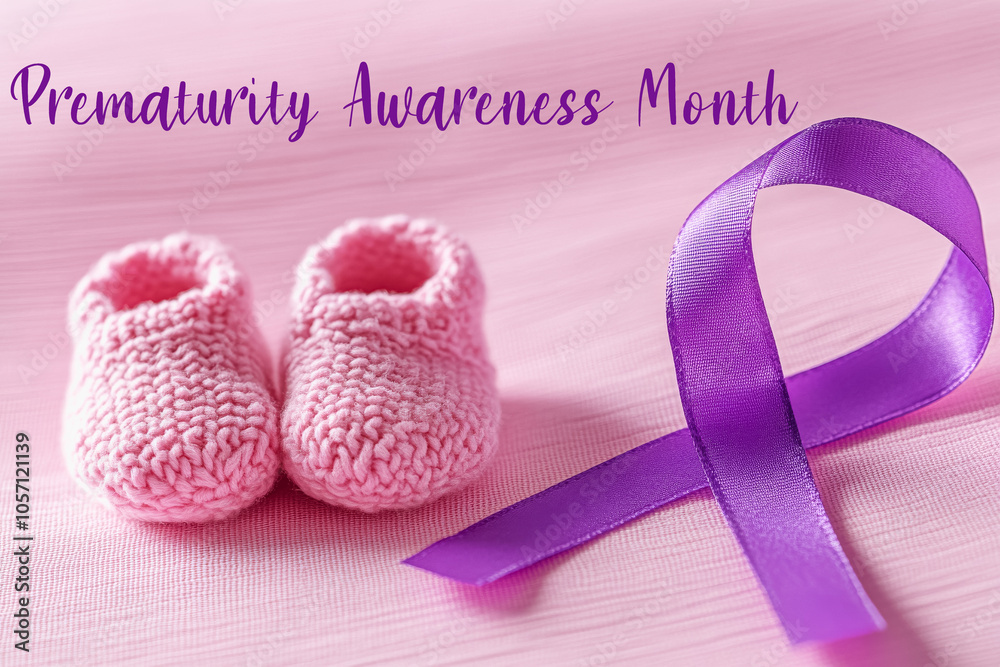 Prematurity awareness month - tiny pink baby booties and purple ribbon ...