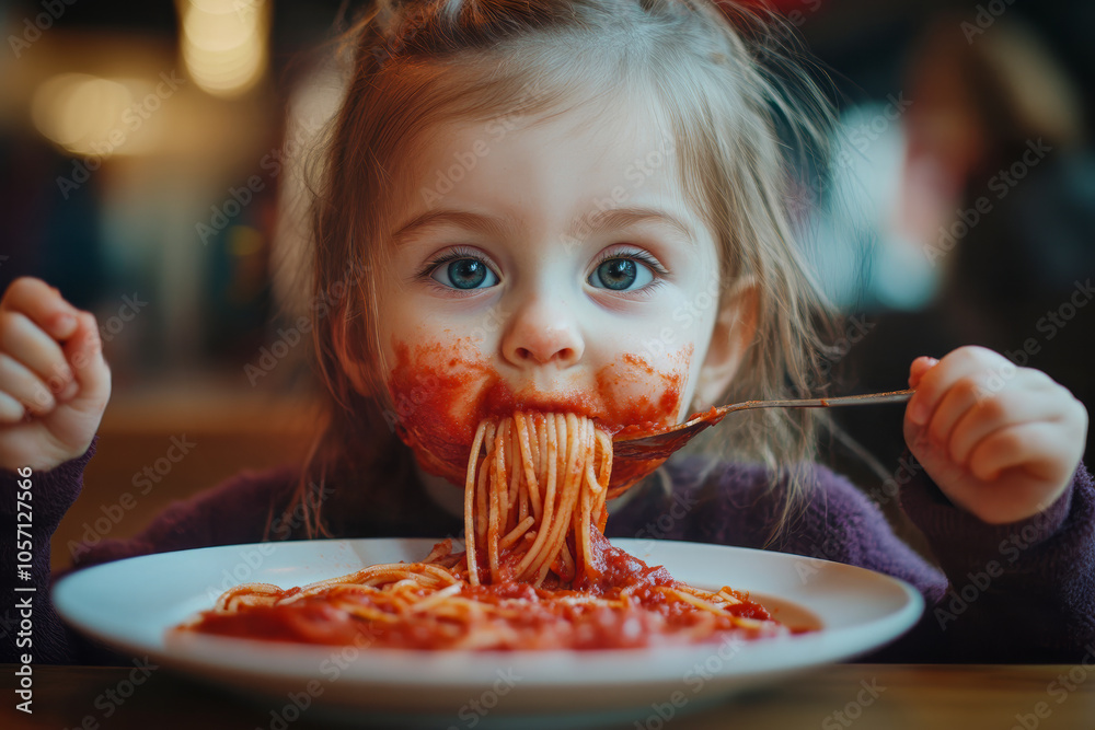 Little girl eats spaghetti and her face covered in red sauce Stock ...