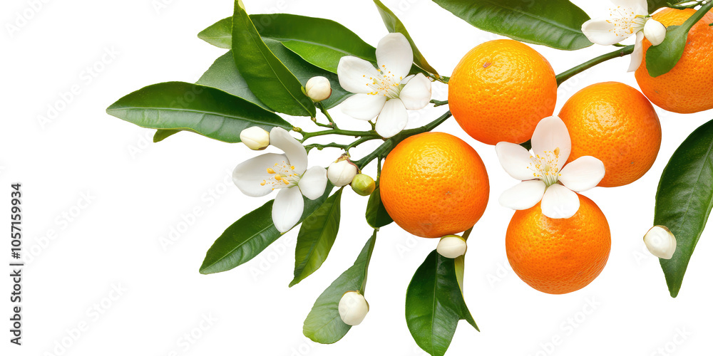 Neroli twig. Citrus aurantium branch, blossom and fruits, Bitter orange ...