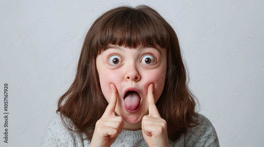 Playful image of a girl with Down syndrome making funny faces, plain ...