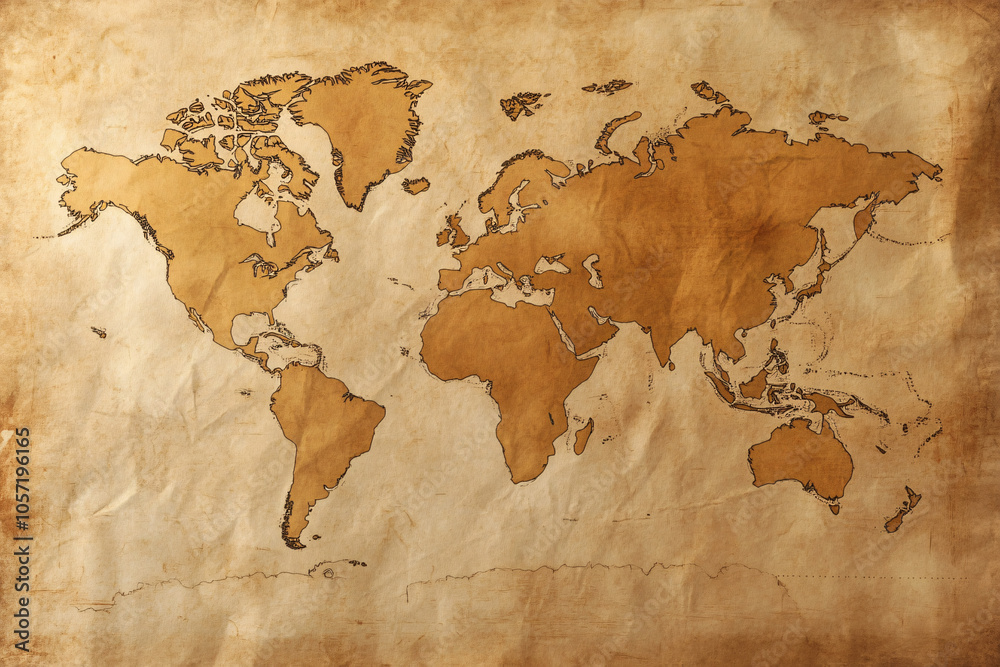 World map in sepia tones with a vintage look on aged paper texture ...