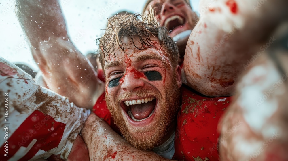 A team of football players clad in red jerseys, drenched in mud and ...
