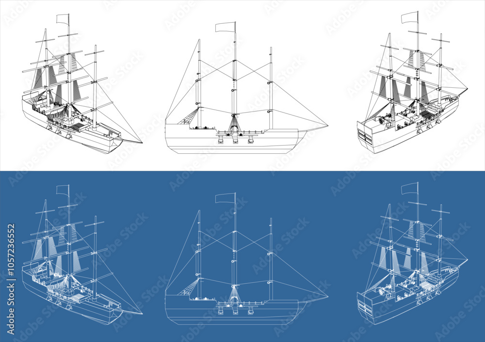 pirate ship view on various positions line vector technical drawing ...