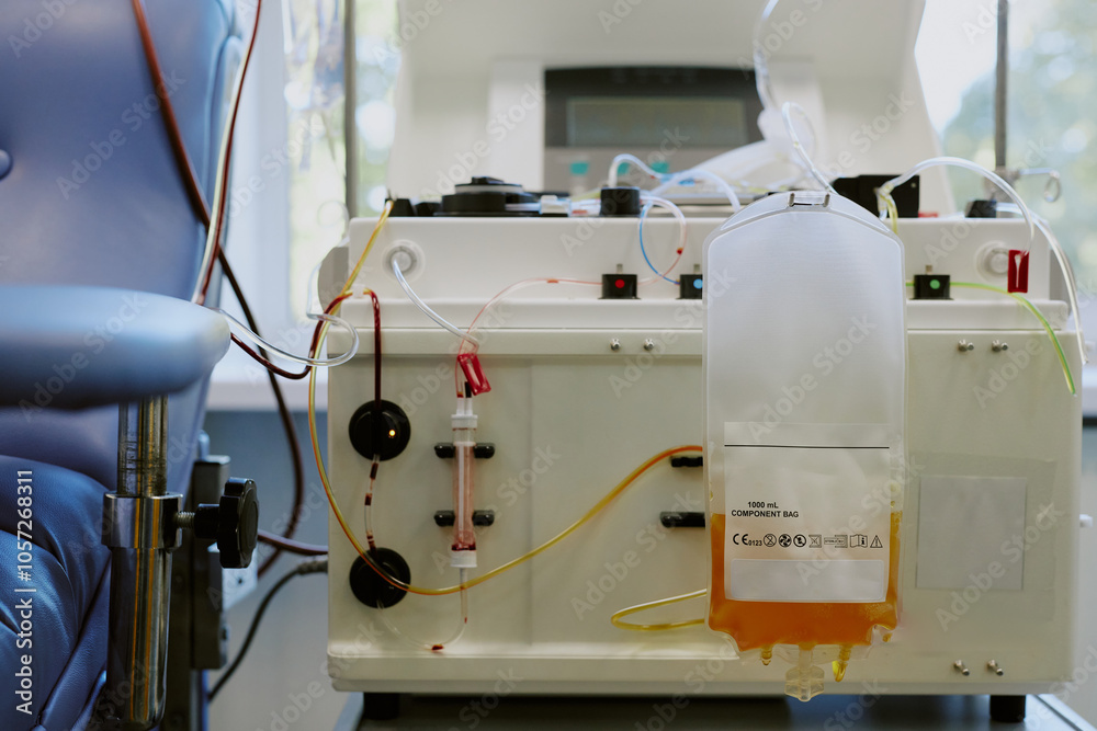 Detailed view of medical equipment used in blood donation process ...