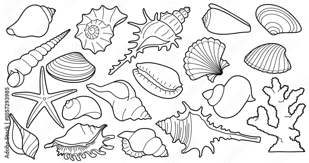 Hand drawn sea shells set with doodle style. line art sea shell ...
