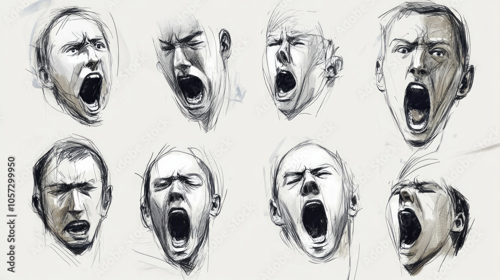 Various expressive sketches depicting a range of yawning faces ...
