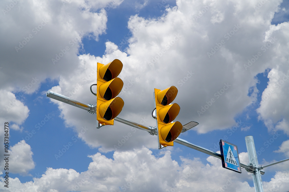 Pedestrian crossing road sign. Good weather road conditions. Blue sky ...