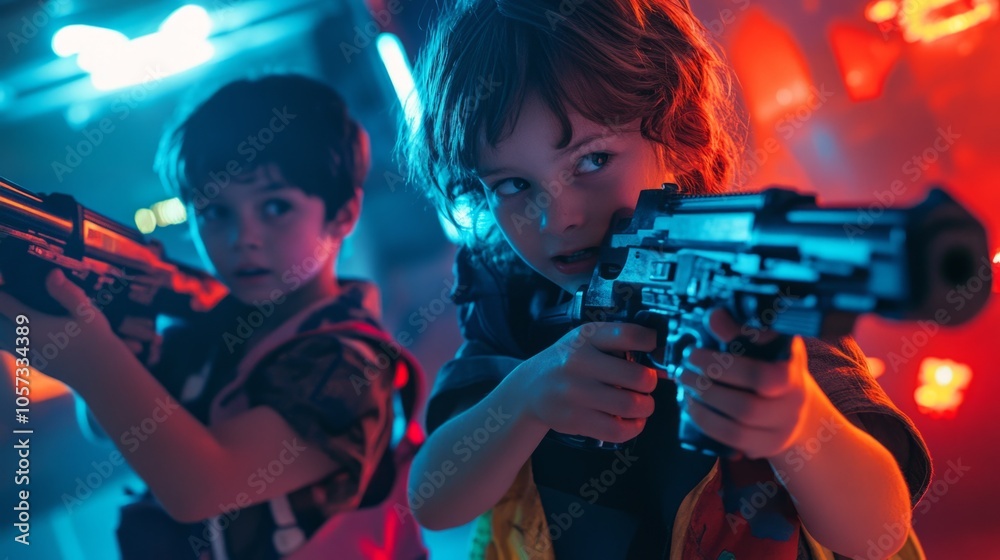 Two children are playing a video game, one of them holding a gun Stock ...