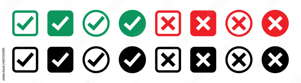 Green tick and red cross checkmarks. Right or wrong icons. Checkmark and x mark icon for apps ...