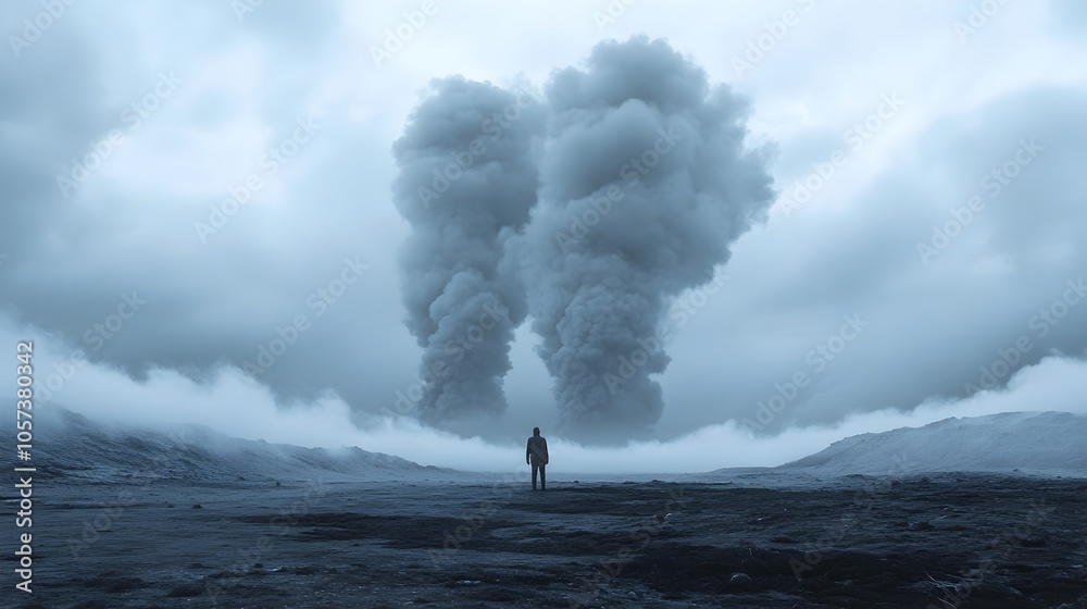 Lone figure surveying a dystopian geoengineering skyscape in a desolate ...