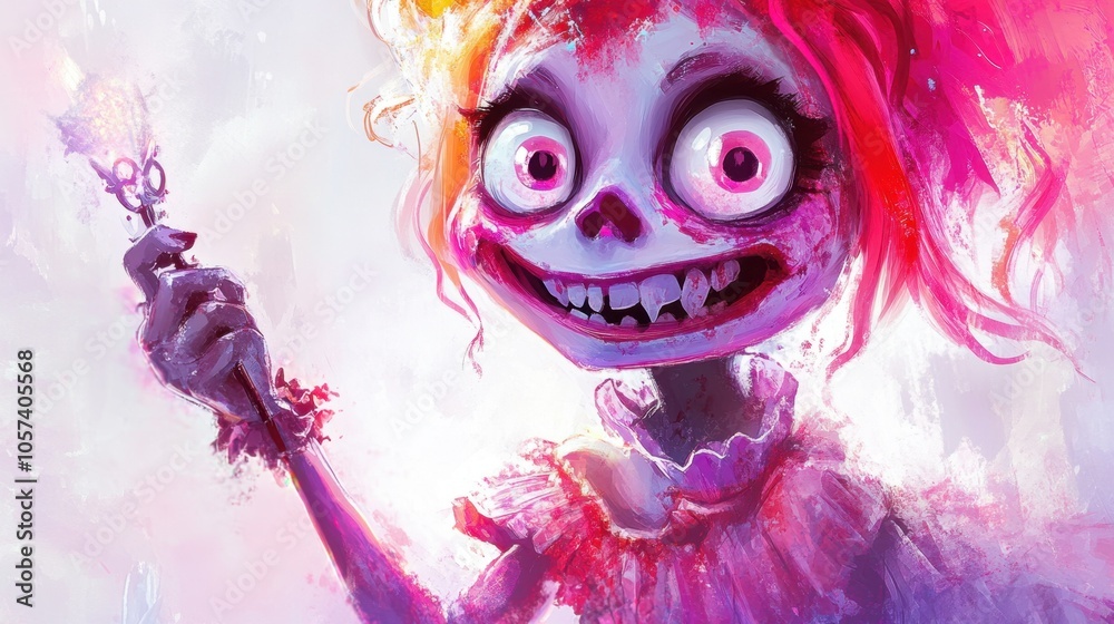 Colorful cartoon zombie princess with big eyes, wearing a tattered ball ...