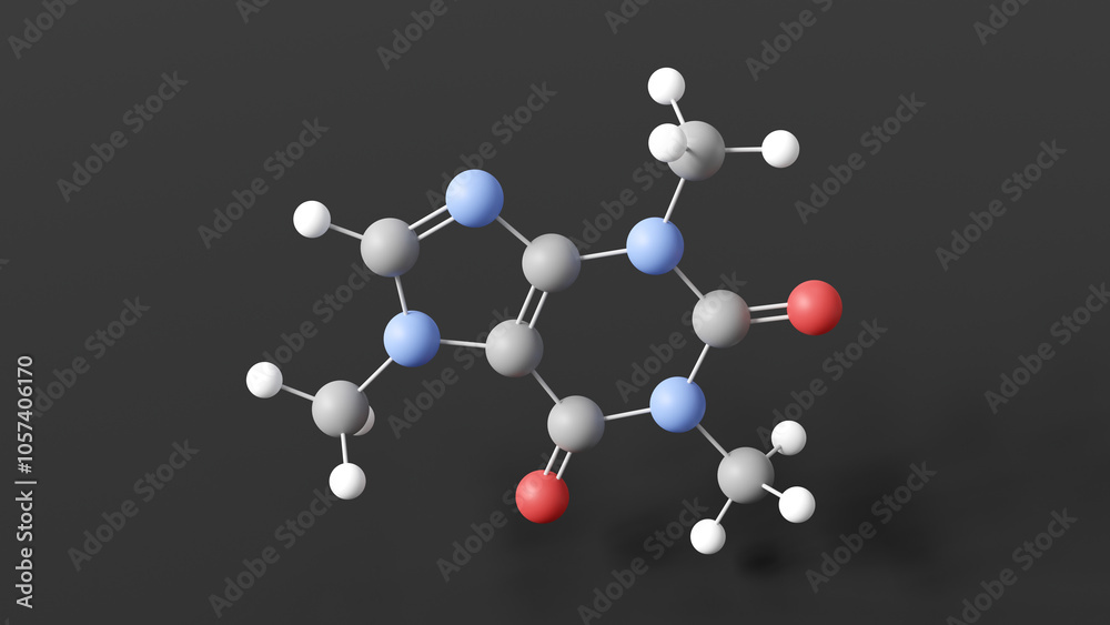 caffeine molecule 3d, molecular structure, ball and stick model ...