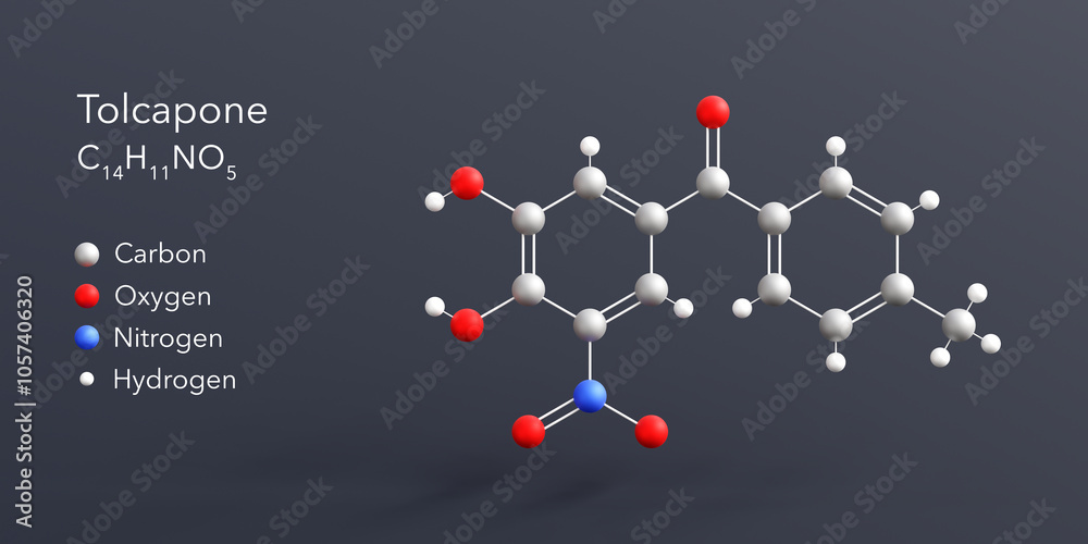 tolcapone molecule 3d rendering, flat molecular structure with chemical ...