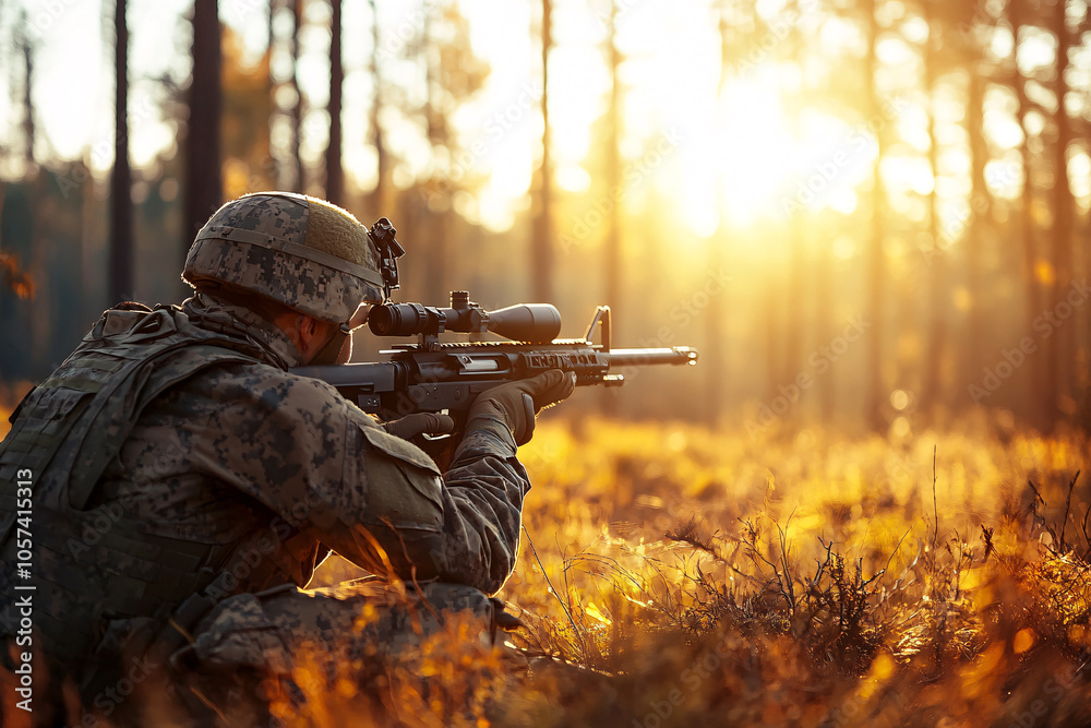 back view of soldier aiming with sniper rifle in the sunset forest, war ...