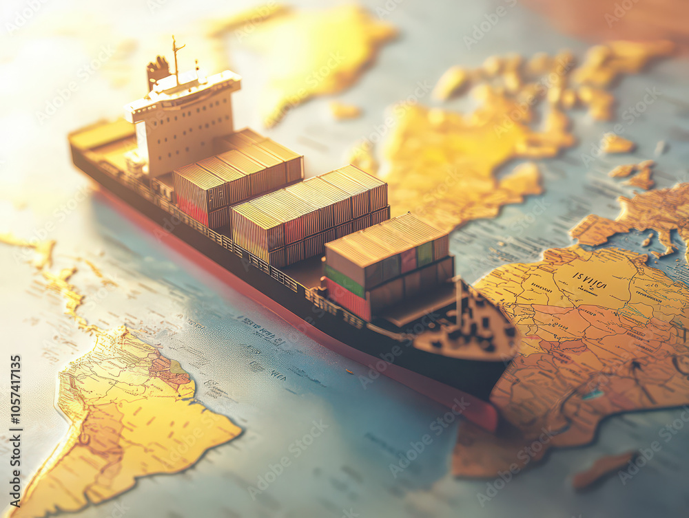 Miniature cargo ship on a map highlights global trade routes and ...