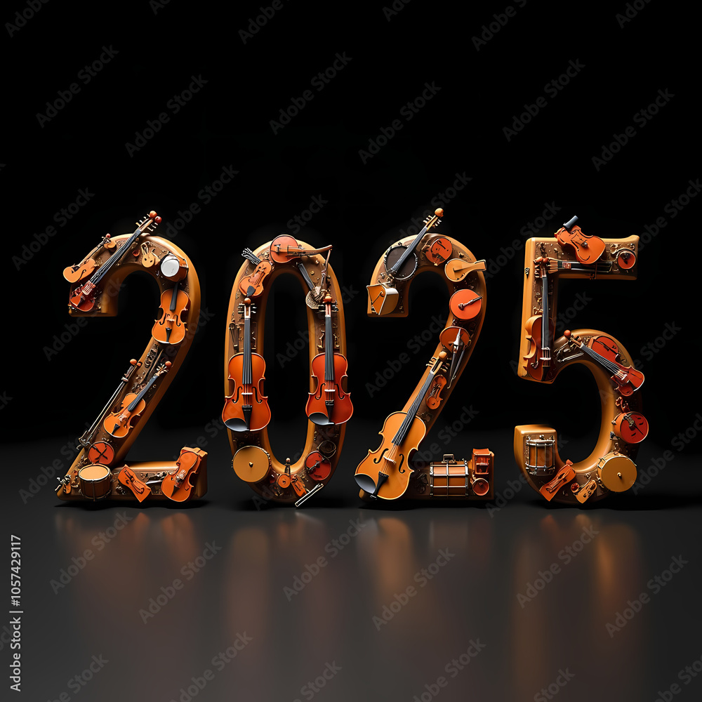 The numbers 2025 created using miniature musical instruments, such as ...