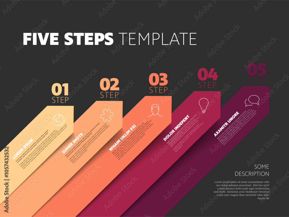 Five steps infographic process template with big diagonal red arrows ...