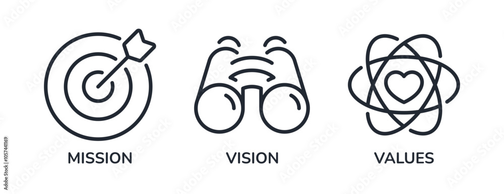 Vision, mission and values editable stroke outline icons set isolated ...