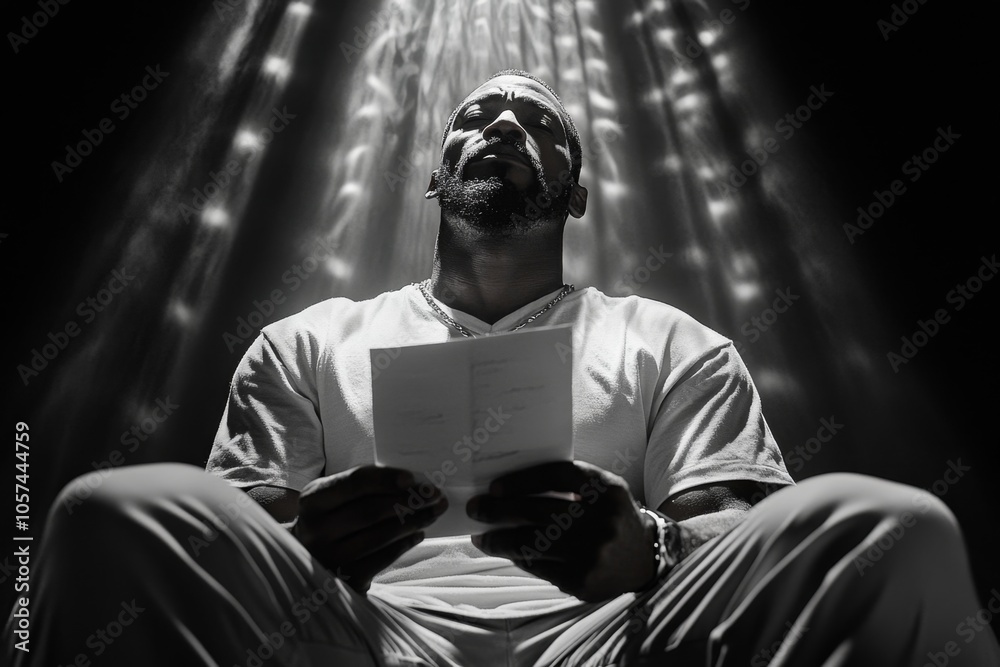 An inmate reading a letter on the edge of a prison bed, showing a ...