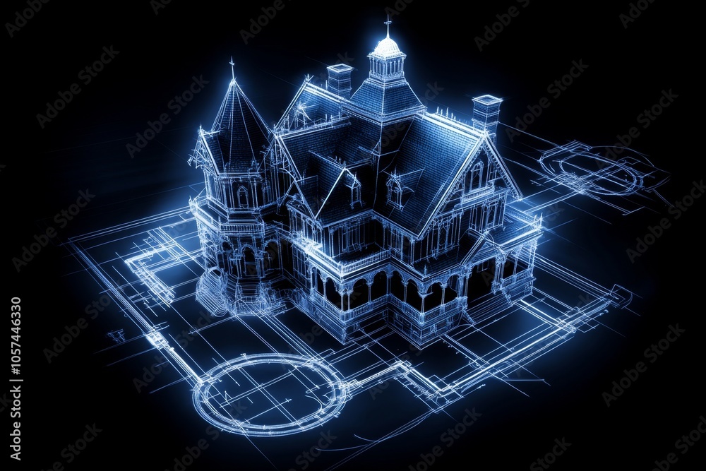 Ilustración de Stock Blueprint of a mysterious Gothic mansion with ...