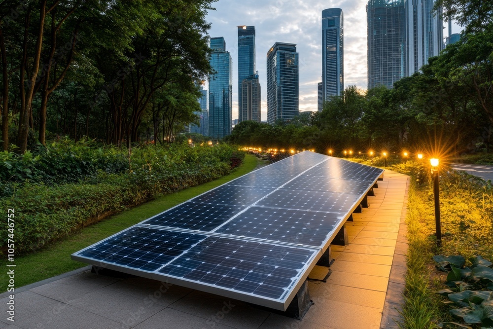 Blueprint of a solar-powered urban park with walking paths, solar ...