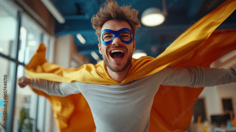 A man in a superhero costume is flying in an office with a big smile ...