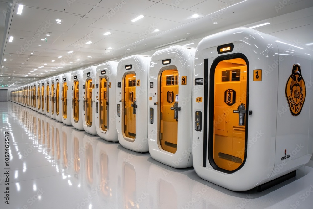 Rows of jail cells with closed doors, each labeled with numbers ...