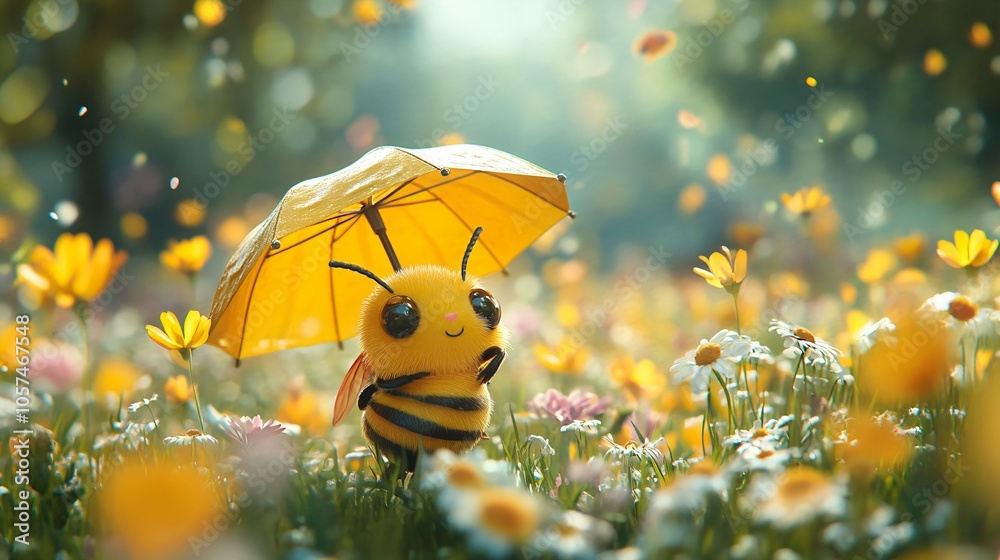 Cute cartoon bee with umbrella in flower blooming meadow, spring summer ...