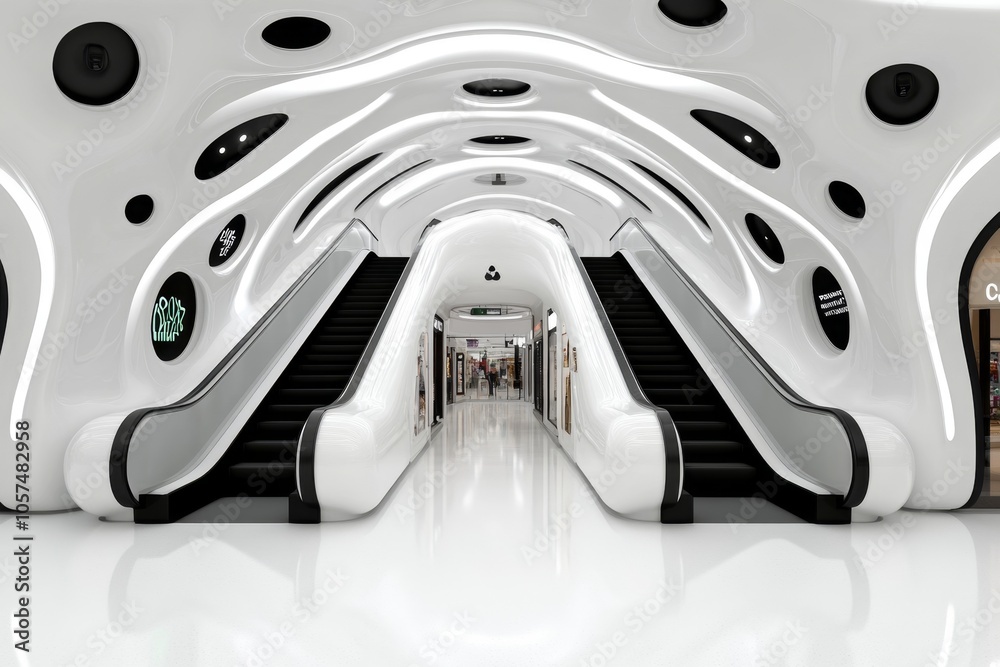 Blueprint of a shopping mall with shops, escalators, and entrances ...