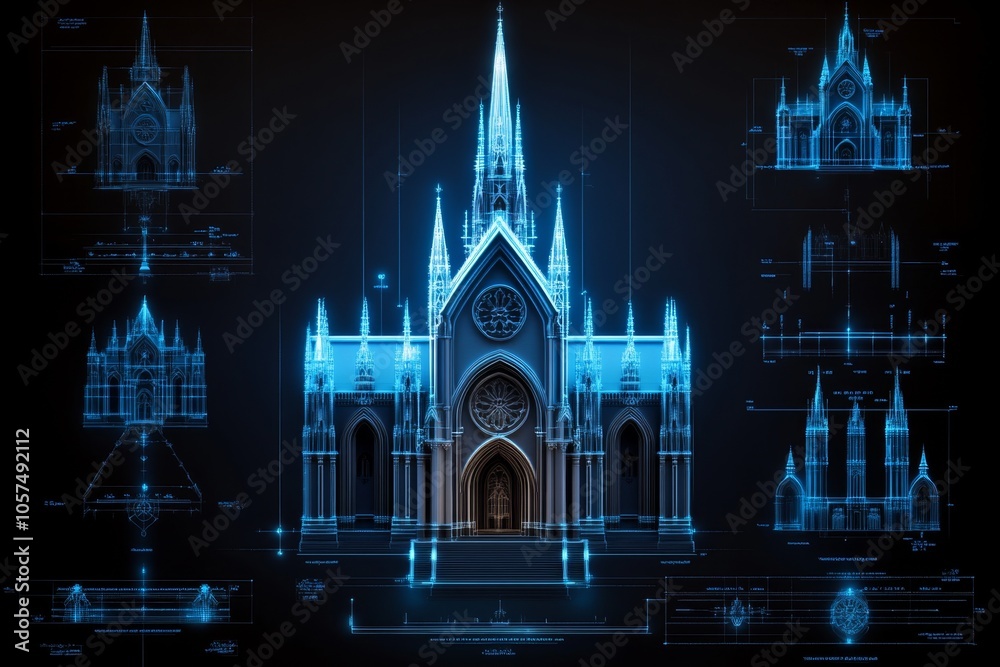 Gothic-style blueprint of an ancient cathedral with tall spires, arched ...