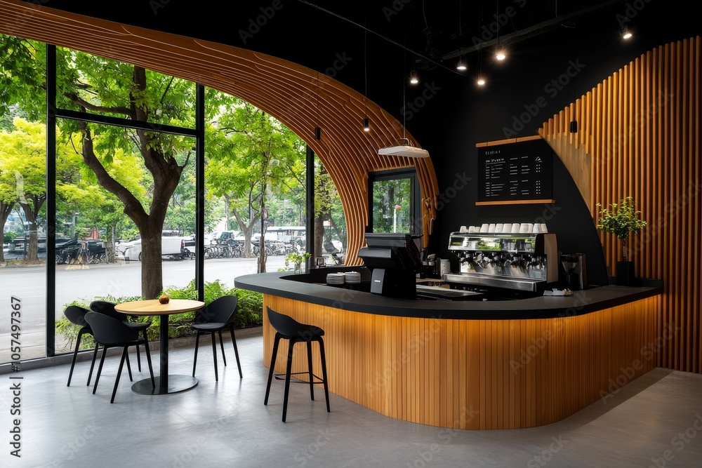 Minimalist floor plan of a small coffee shop with open seating and ...