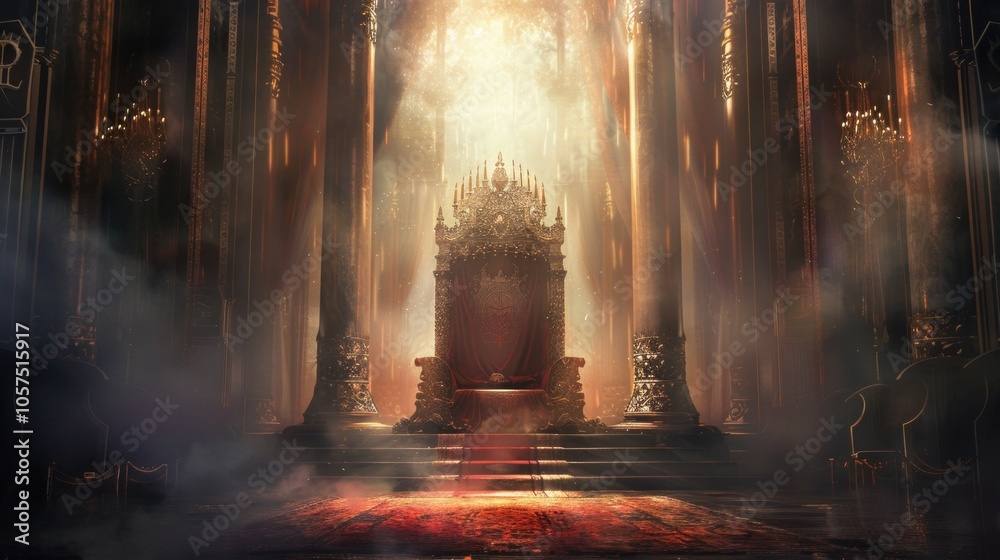 A majestic throne room resembling a cathedral, with a grand gold throne ...