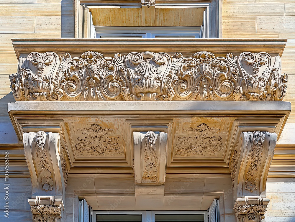 French Beaux-Arts cornice with elaborate carvings of garlands, scallop ...